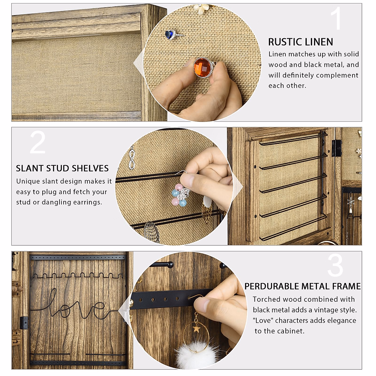 SRIWATANA Jewelry Armoire Cabinet, Solid Wood Standing Jewelry Organizer with Full Length Mirror (Carbonized Black)