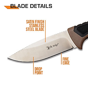 Elk Ridge - Outdoors Fixed Blade Knife - Satin Finish Stainless Steel Blade, Black/Brown Nylon Fiber Handle w/Rubber - Nylon Sheath, Fire Starter - Hunting, Camping, Survival - ER-200-23BR