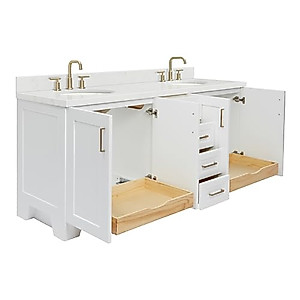 ARIEL Taylor 72" White Double Bathroom Vanity, 1.5" Edge Carrara Quartz Countertop & Splash, Oval Sinks, 4 Soft Closing Doors, 6 Full Extension Dovetail Drawers, Toe Kick, Satin Brass