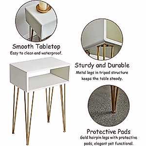COZAYH Modern Contemporary Nightstand Set of 2, Extreme Minimalism End Table Open Shelf Style Bedside Table on Metal Hairpin Legs (White&Gold)