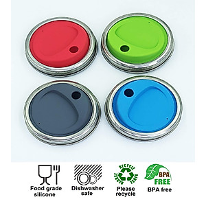 THINKCHANCES Reusable Food Grade and BPA Free Silicone Round Sip Coffee Juice Drinking Straw Lid Set with Stainless Steel Rings for Mason, Ball, Canning Jars, Pack of 4 Sets (Wide Mouth,Round Hole)