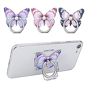 Cobee 3 Pcs Butterfly Cell Phone Ring Stand Holder, Cute Butterfly Pattern Painted Metal Finger Stand Kickstand 360°Rotation Phone Ring Holder Stand Ring Hand Grip with Knob Loop (Blue, Purple, Pink)
