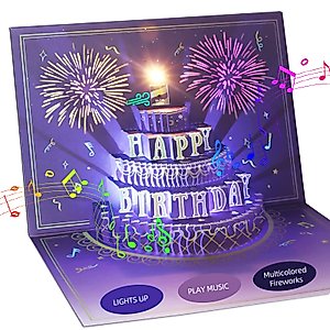 XTF2015 Happy Birthday Card, Lights & Music & Sound Fireworks Cake 3D Pop Up Birthday Card Gift with Envelope and Note Tag for Women, Men, Kids, Wife, Mom, Husband