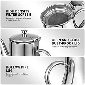 YARDWE Stainless Steel Oil Strainer Pot, 24oz Grease Container with Fine Mesh Strainer, Oil Dispensing Bottles Oil Storage Can for Home Kitchen (Silver)