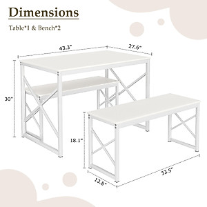 VECELO Kitchen Dining Table Set for 4, 43.3" Wood Rectangle Dinette with 2 Benches, Heavy-Duty Metal Frame for Small Space, Breakfast Nook, White
