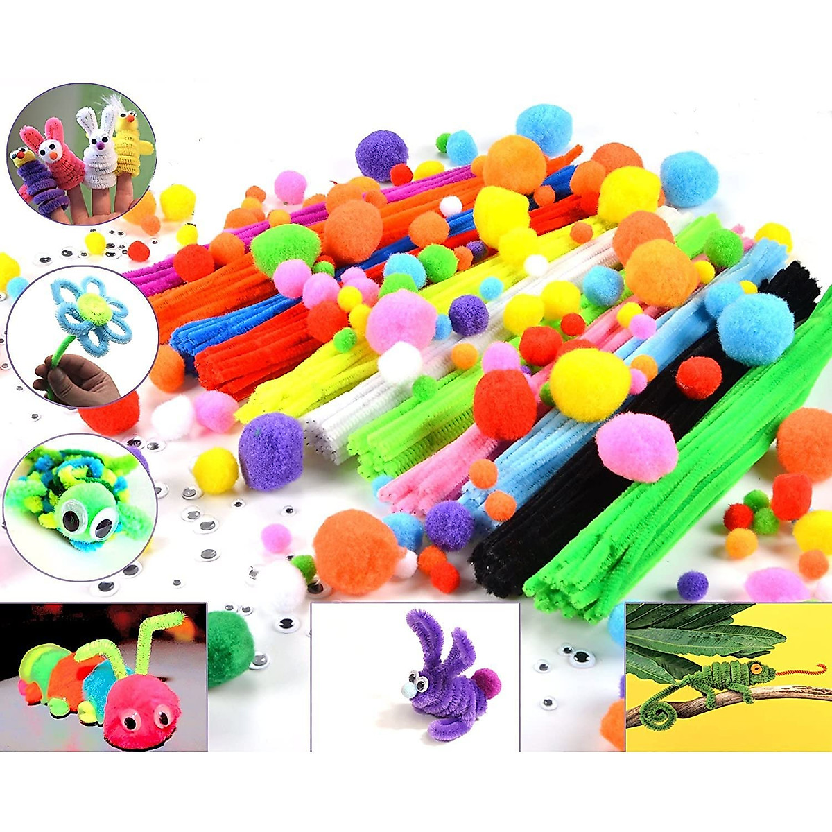 450 Pcs Pipe Cleaners, Which Includes 100Pcs Pipe Cleaners Craft,150Pcs Googly Eyes Self Adhesive and 200Pcs Pompoms for Arts and Crafts for Kids Ages 8-12
