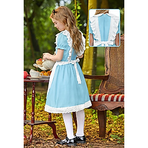 Halloween Child Girls Alice Outfit Puff Sleeve Casual Ruffle Trim Midi Dresses with Headband Blue 10 Years