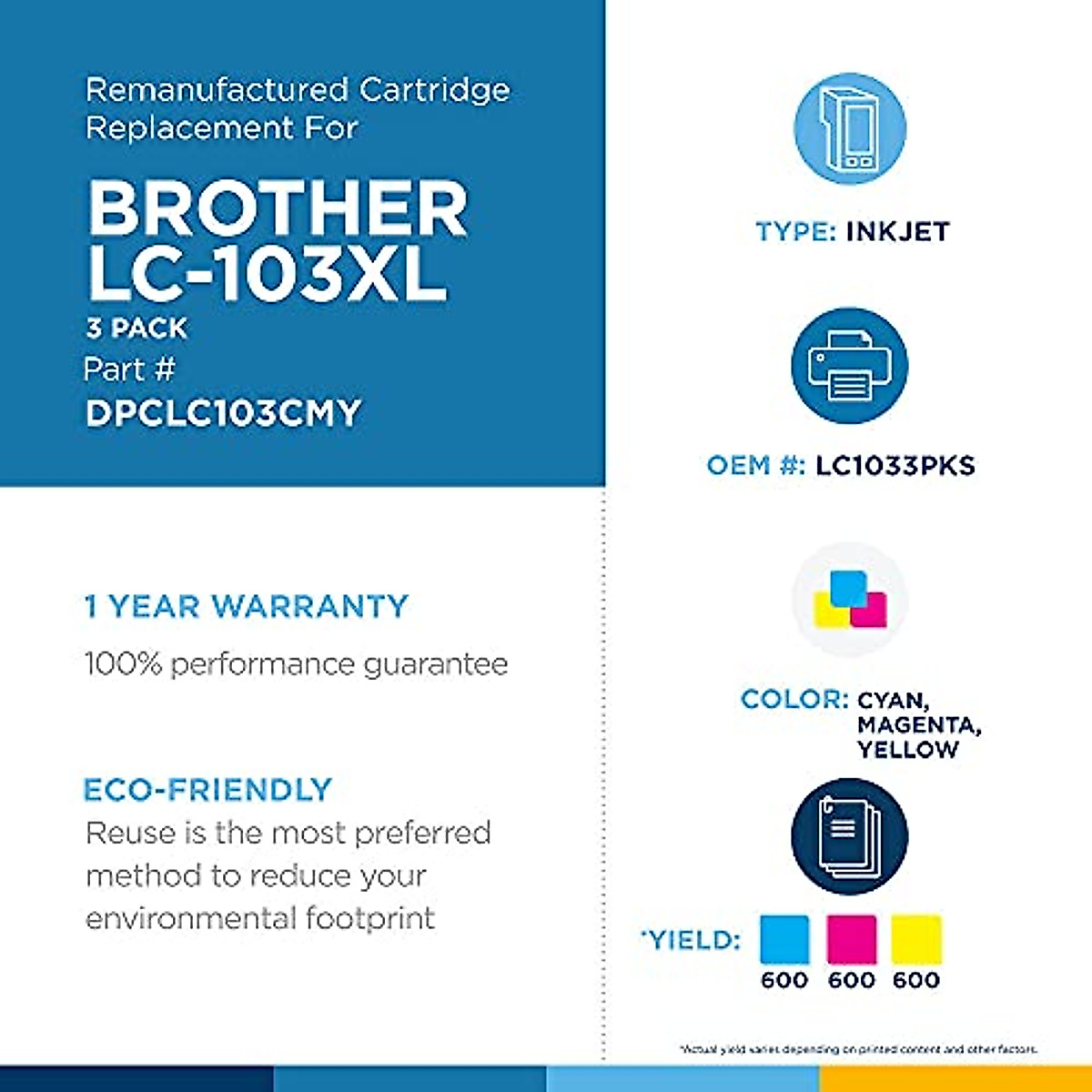 Dataproducts Brand Remanufactured Ink Cartridge Replacement for Brother LC-103 LC1033PKS | Cyan, Magenta, Yellow 3 Pack