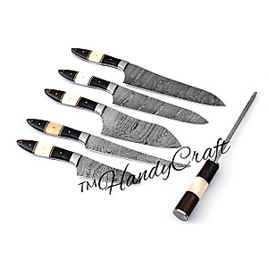 HandyCrafts Hk71 Damascus Chef knife set of 6 pieces Professional utility japanese style BBQ Steel with Black American wood and Camel Bone Leather Sheath Cover, HC71, Black/White, 11 x 3 x 2 inches
