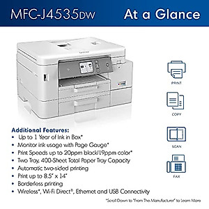 Brother MFC Series INKvestment Tank All-in-One Color Inkjet Printer with NFC, Print Scan Copy Fax, Auto 2-Sided Printing, 4800 x 1200 dpi, Built-in Wireless, White, Bundle with Cefesfy Printer Cable