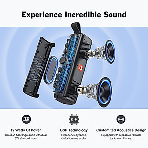 DOSS E-Go II Bluetooth Speaker with 12W Superior Sound, Loud Bass, IPX6 Waterproof, Built-in Mic, 12H Playtime, for Pool, Beach, Outdoor, and Travel