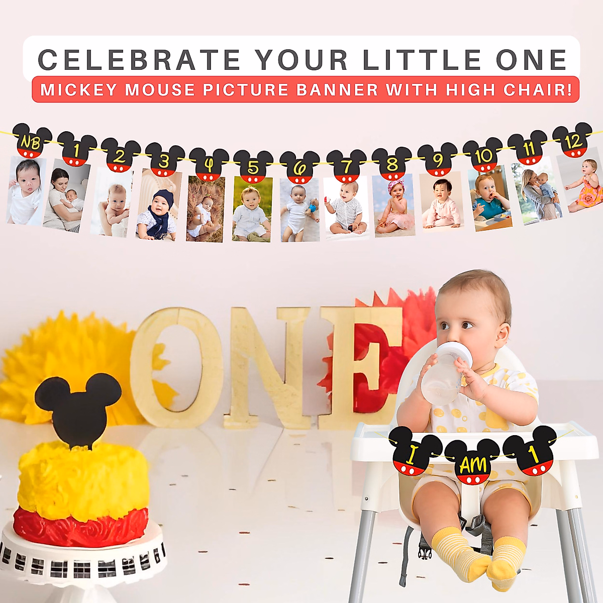 Mickey Mouse First Birthday Banners - NB to 12 Month Photo Banner with I am One High Chair Banner - First Birthday Decorations - Mickey Mouse Party Supplies - Picture Frame Banners - Clubhouse Decoration for 1st or 12th Birthday