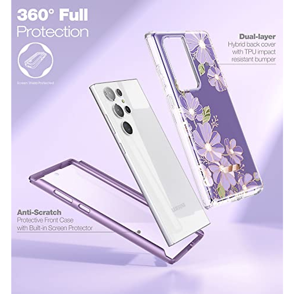 SURITCH for Samsung Galaxy S23 Ultra Case, [Built-in Screen Protector] [Dual-Layer Protection ] Full Protection Shockproof Rugged Bumper Phone Cover for Samsung S23 Ultra 6.8 Inch - Purple Cosmos