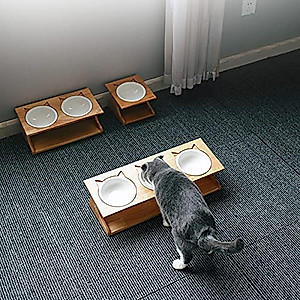 Smith Chu Premium Elevated Pet Bowls, Raised Dog Cat Feeder Solid Bamboo Stand with Ceramic Food Feeding Bowl - Cute Kitty Bowl for Cats and Puppy