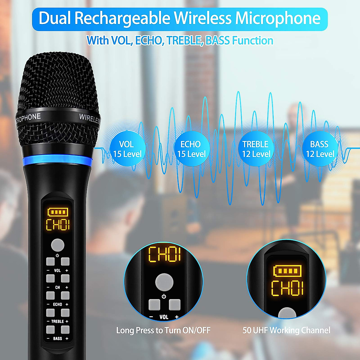 KITHOUSE J10 Wireless Microphone Karaoke System Rechargeable, UHF Metal Cordless Microphone Handheld with Volume Echo Treble BASS Control and Receiver Box for Singing Karaoke Speech Meeting