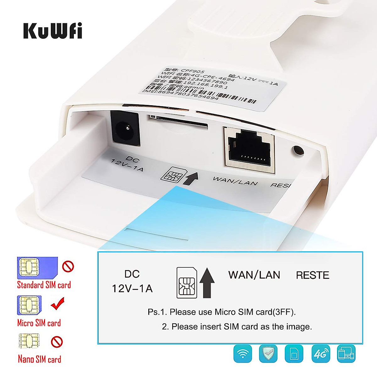 KuWFi Waterproof Outdoor 4G LTE CPE SIM Card WiFi Router 150Mbps CAT4 SIM LTE Routers Work with IP Camera or Outside WiFi Coverage with 2pcs Antenna Only Work with SIM Card Mode Not for USA