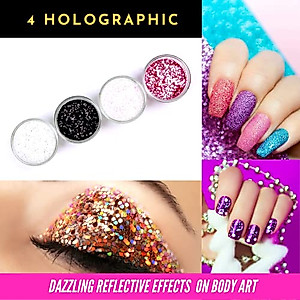 FINOCLAY Fine Glitter 52 Colours Holographic Shaker Tubes 260g Set for Epoxy Resin, Laser for Nail Art, Neon for Body Art, Chunky Iridescent Flakes, Art Crafts, Slime Supplies Gold Silver Glitter