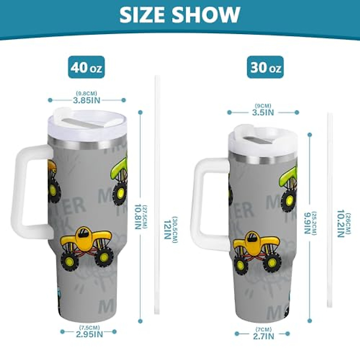 ODAWA Large Colorful Trucks Stainless Steel Tumblers with Handle and Straw Travel Insulated Tumblers