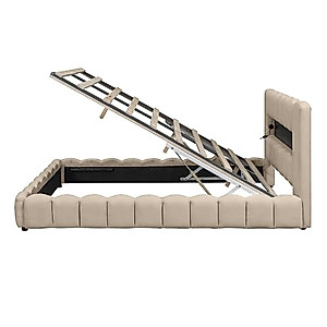 GLORHOME Queen Size Upholstered Platform Bed with LED Headboard and USB Charging Ports, Wooden Bed Frame，Beige