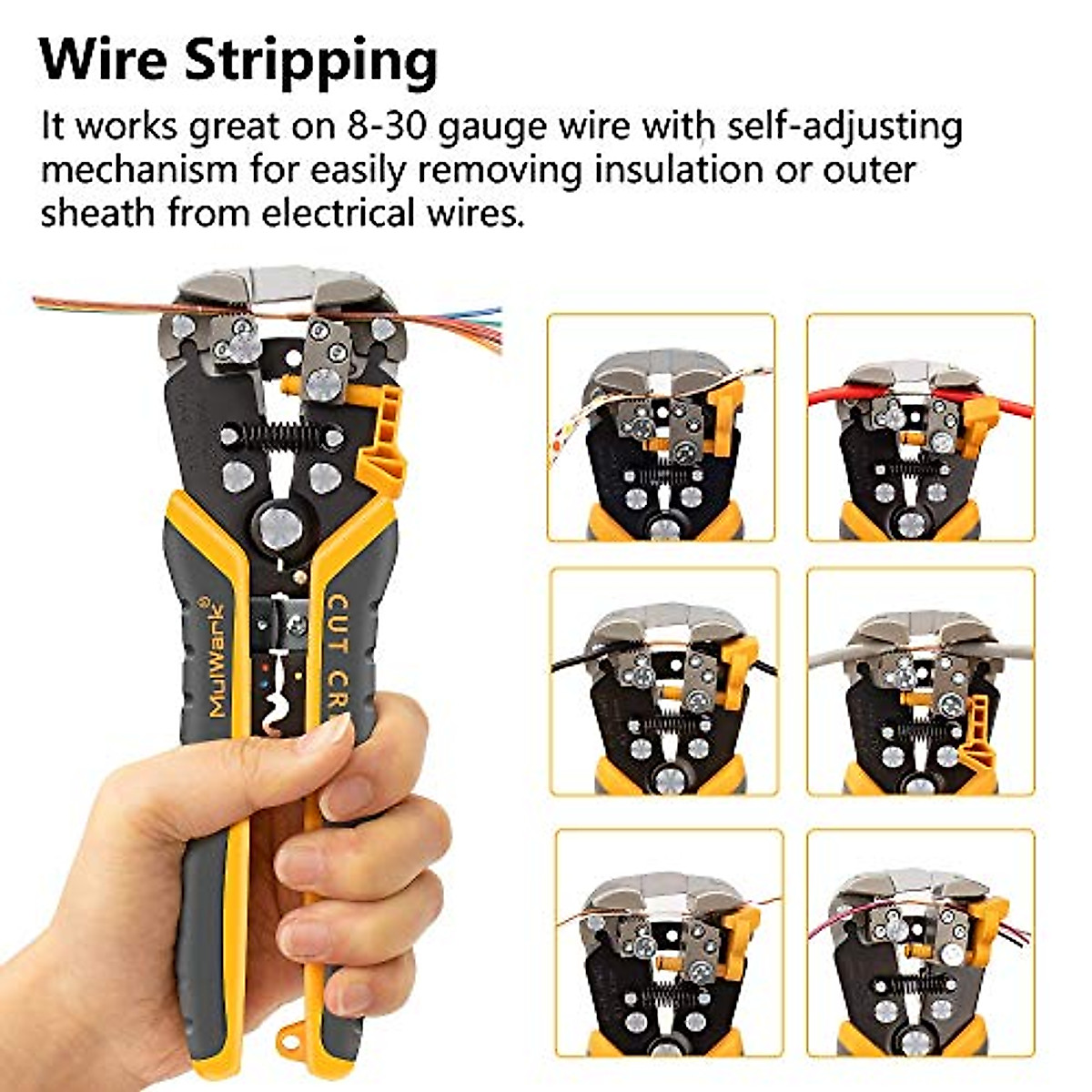 MulWark 3 in 1 Automatic Self Adjusting Wire Stripper/Cutter/Crimper, 8 Inch Multi Pliers For Electrical Wire Stripping, Cable Cutting, Crimping Tool from 8 AWG to 30 AWG
