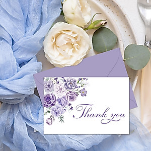 Whaline 24Pcs Lavender Floral Thank You Cards with Envelopes and Stickers Purple Floral Greeting Cards Elegant Flower Blank Note Cards for Party Supplies