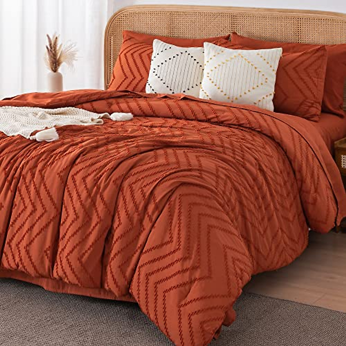 Litanika King Size Comforter Set with Sheets Burnt Orange - 7 Pieces Bed in a Bag King Boho Terracotta Complete Beddding Sets Rust Lightweight Bed Set with Comforter, Sheets, Pillowcases & Shams