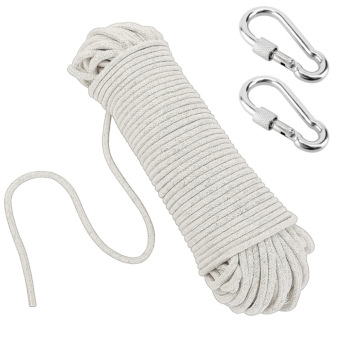 KEILEOHO 1/4 Inch Natural Cotton Rope, 328 FT Length White Clothesline Cord Craft Knitting Thread String Wall Hanging Rope for Garden Plant DIY Decoration Clothes Hanger with 4 Snap Hooks