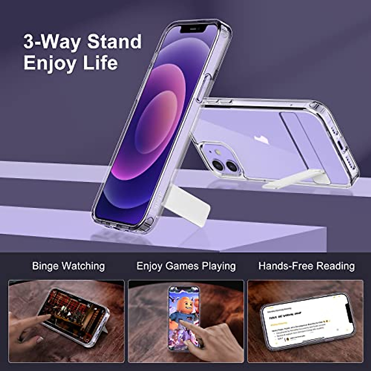 JETech Case for iPhone 12 Mini 5.4-Inch with Stand, Support Wireless Charging, Slim Shockproof Bumper Phone Cover, 3-Way Metal Kickstand (Clear)