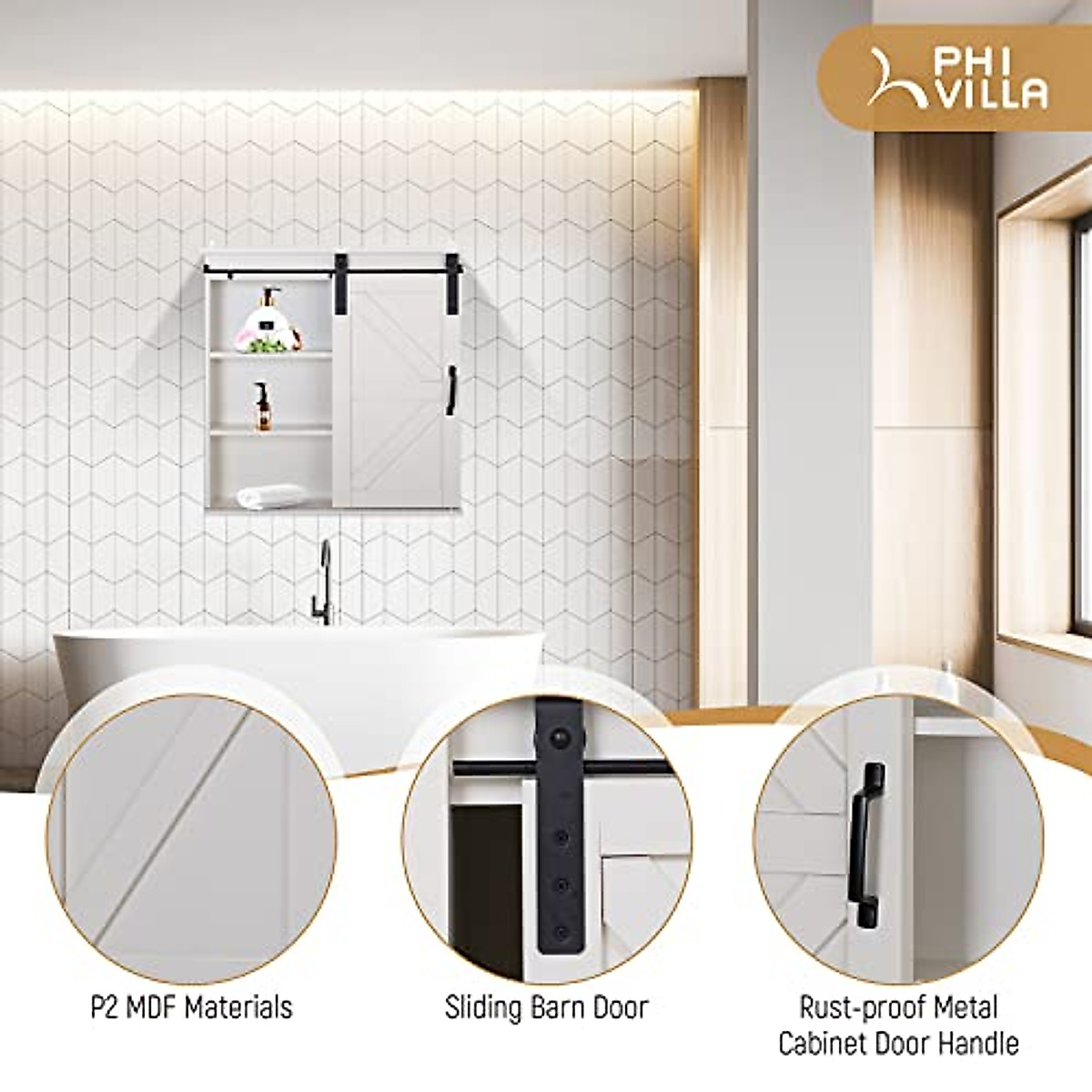 PHI VILLA Farmhouse Bathroom Wall Cabinet with Sliding Barn Door Medicine Storage Cabinet Wall Mounted with 3-Tier Rustic Storage Cabinet for Bathroom Furniture, White(Bathroom Shelves Included)