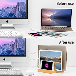 muchly Vertical Laptop Stand - 3 Slots for Computer, Tablet, Phone .Natural Wood, Adjustable Dock, for Devices Up to 5" to 1.2" Thick (Yellow Bamboo Wood)…