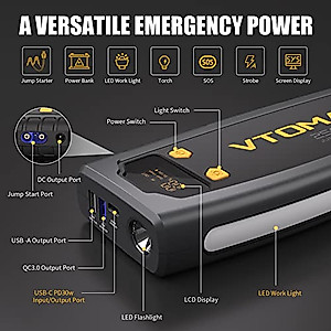 VTOMAN V10 Jump Starter, 2500A for 9L Gas and 7L Diesel Engine with PD30W Two-Way Quick Charge, Car Battey Charger Jump Box Portable, 12V Auto Battery Booster Power Pack with Jumper Cable WorkLight