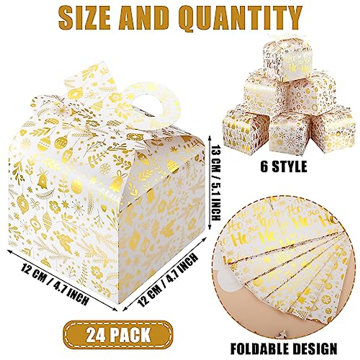 Fulmoon 24 Pcs Christmas Gift Boxes Metallic Christmas Treat 3D Xmas Goody Candy Cookie with Bow Paper Goodie Gift Wrapping Boxes for Holiday Party Favor Supplies(Gold)