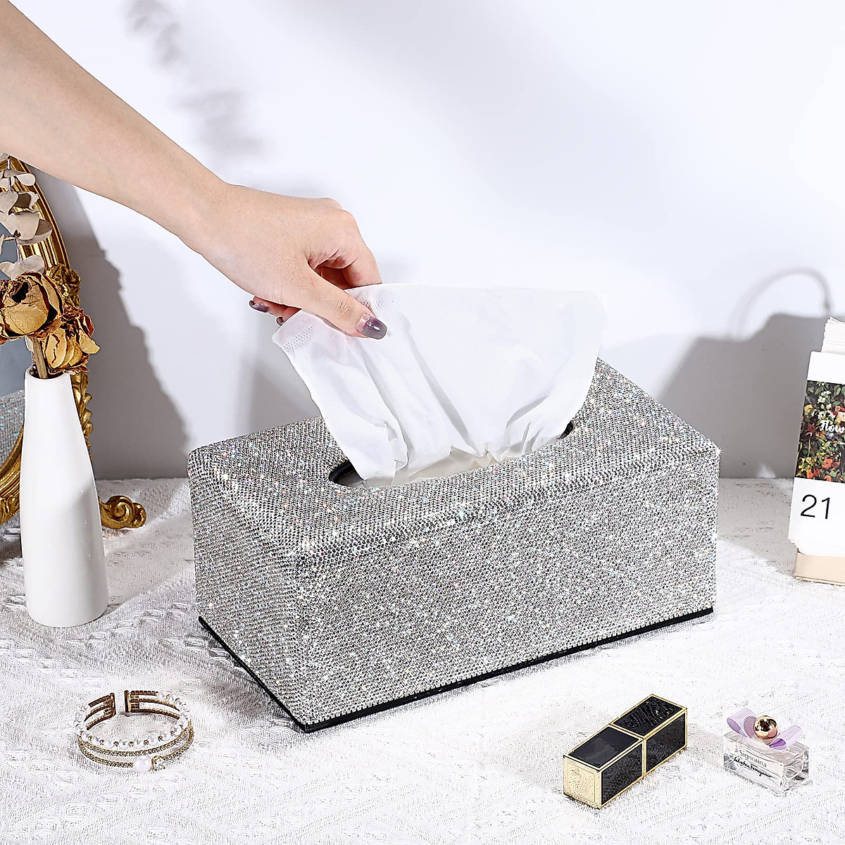 Sumnacon Tissue Box Cover Bling Tissue Box for Bathroom Sparkling Rectangular Tissue Box Holder with Magnetic Gorgeous Tissue Holder for Table Countertop Decorative Tissue Cover for Home Office Car