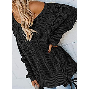 EVALESS Womens Sweater 2023 Fashion Trendy Fall Oversized Off Shoulder Cable Knit V Neck Knit Chunky Plus Size Sweater Long Sleeve Crewneck Winter Loose Tops Clothes,Black XL