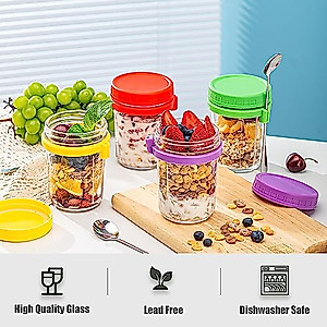 wookgreat Overnight Oats Jars, Overnight Oats Container with Leakproof Lid and Spoon Set of 4-2 pcs 16 Oz Glass Mason Jars & 2 pcs 12 Oz Wide Mouth Jars for Milk, Cereal, Salad, Milkshake Meal Prep