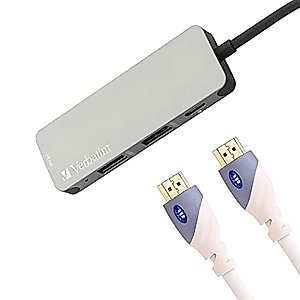 Verbatim 4-in-1 USB C Hub Adapter with Dongle - 60W Power Delivery, USB 3.0, USB 2.0 for USB C Laptops + 6FT Monster 4K Ultra HDMI Cable
