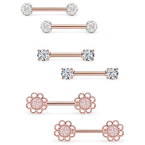 Hnxnskt 3 Pairs Stainless Steel Nipple Ring CZ Straight Barbell Rhinestone Nipple Studs Nipple Body Piercing Jewelry for Women Rose Gold