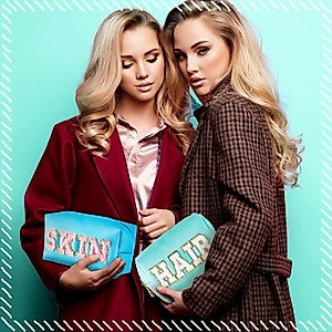 Patelai 2 Pcs Preppy Makeup Bags Chenille Letter Patch Bag Face Skin Hair Stuff Aesthetic Cosmetic Bag Travel Zipper Pouch Makeup Organizer Graduation Gift for Girls(Green, Blue, Hair, Skin)