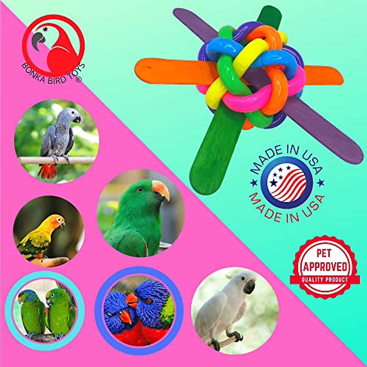 Bonka Bird Toys 3387 Big Stick Ball Foot Talon Foraging Medium Large Bird Toy Wood Ball Beak Claw Amazons Macaws Cockatoos African Greys and Similar Sized Birds