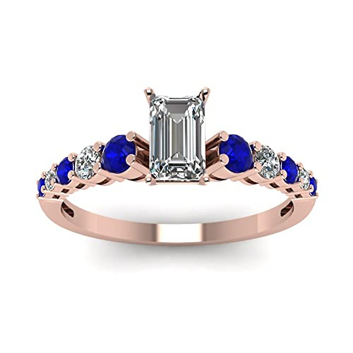 CustomizedGifts Graduated Diamond Engagement Ring rose gold plated Created Blue Sapphire Emerald shape Blue color Petite Engagement Rings prong Setting in Size 5 Fashion Jewelry