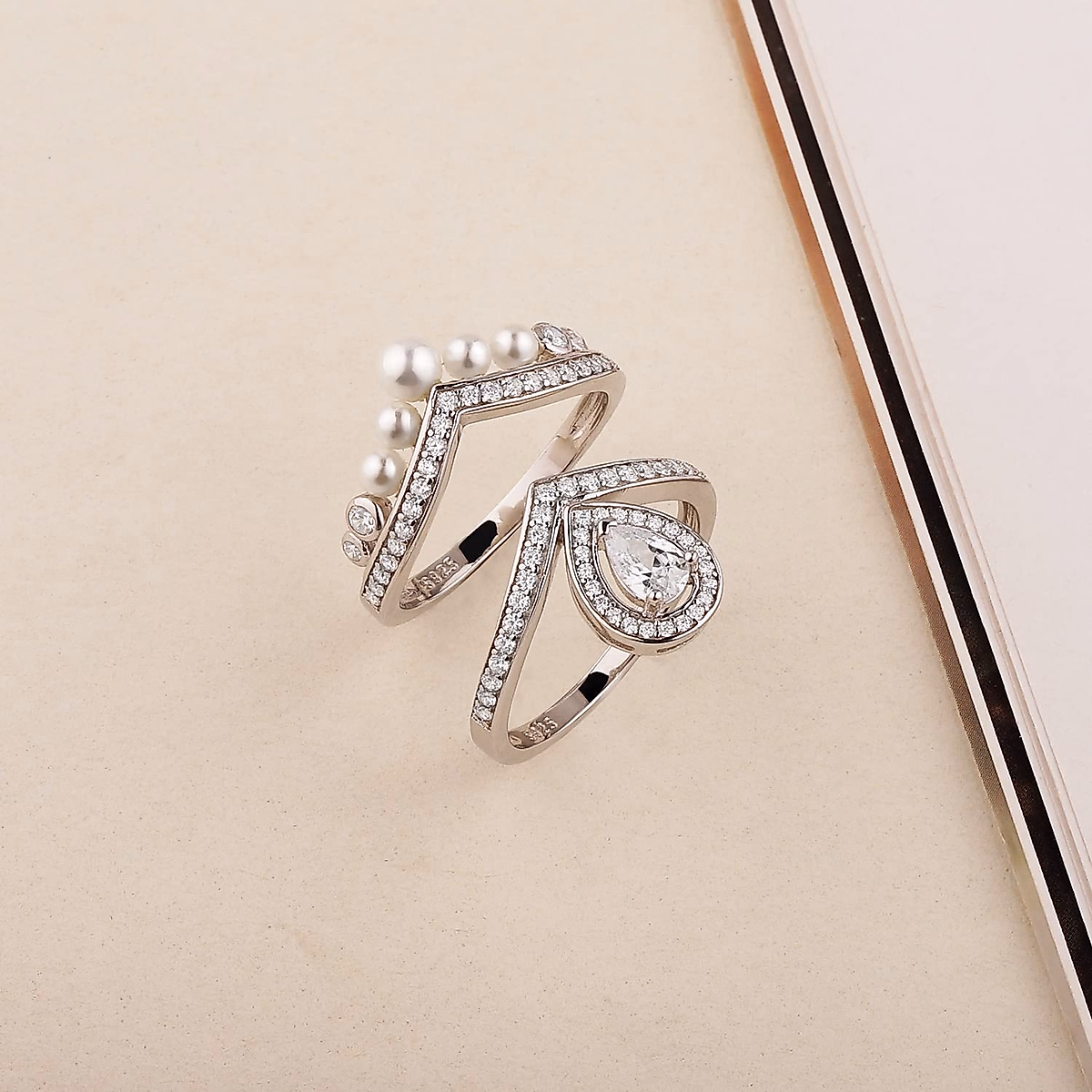 Kemstone 925 Sterling Silver Rings Water Droplets and Pearl 2 Piece Ring Sets for Women (8)