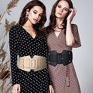Geyoga 3 Pieces Women Waist Belt Elastic PU Leather Corset Cinch Belt Stretchy Retro Corset Belt Chunky Buckle Belts Waistband for Dresses, Leopard, Brown, Black