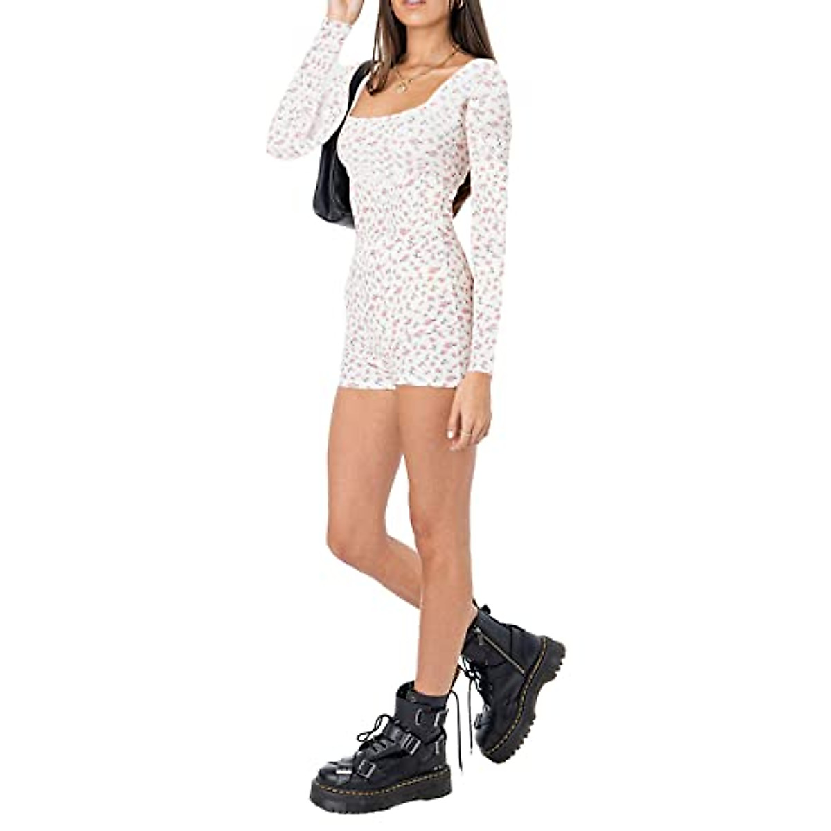 Karwuiio Women Y2K Slim Fit Rompers V Neck Button-Down Long Sleeve Floral Sexy Jumpsuit Shorts Bodysuit (Pink, L)