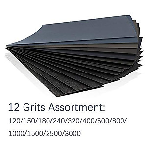 Sandpaper Variety Pack 120 to 3000 Assorted Grits Sand Paper 24 Pack Sandpaper + 1 Hand Sander, 9x3.6 Inch Sanding Sheets for Wood Furniture Finishing Glass Metal Sanding Automotive Polish