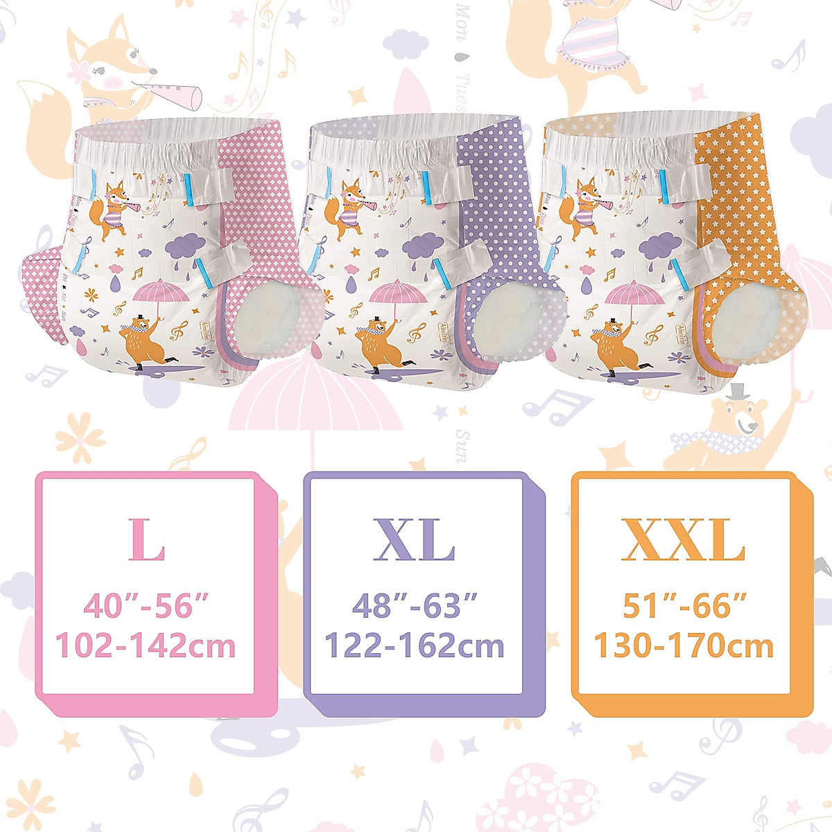 Aimisin Adult Printed Diapers,XX-Large-Fox and Bear, 7 Pieces for Men and Women - Leak Protection Heavy Absorbency Protection Diapers