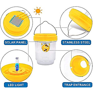 Petoor Wasp Trap Outdoor - Solar Powered Killer Effective Hornet for Wasps, Hornets, Insects, Yellow Jacket Fruit Fly Pack of 2, 2022 yellow