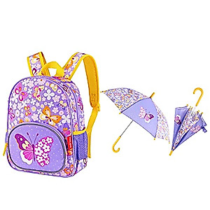 Daaupus Purple Butterfly Pattern Children's Backpack Children's Umbrella Set