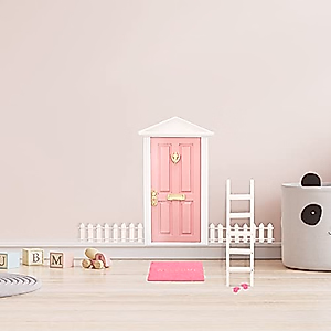 Tooth Fairy Door Kit Mini Wooden Tooth Fairy Door with Accessories Fairy Tale Education Learning Toy for Girls Dollhouse Fairy Garden Decoration DIY Craft Activities (Pink)