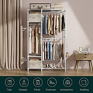 Memobarco Clothes-Rack, Metal Clothing-Rack, Heavy Duty Rolling Garment Rack with 4 Tiers Wire Shelving, 3 Hanging Rods & 2 Storage Drawers, Freestanding Portable Closet Wardrobe, White