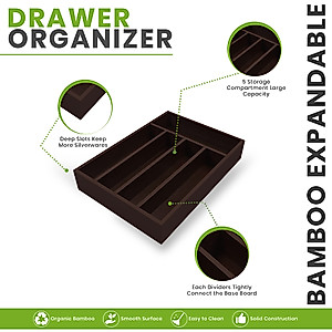 Utopia Kitchen Bamboo Silverware Organizer- 5 Compartments - Bamboo Drawer Organizer - Bamboo Hardware Organizer (5-Pack)